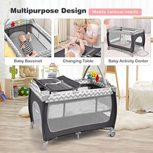 BABY JOY 4 in 1 Pack and Play, Portable Baby Playard with Bassinet, Side Zipper Door, Changing Table, Indoor Outdoor Travel Nursery Center w/Toy Bar, Lockable Wheels, Carry Bag Grey