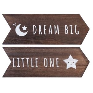 dream big little one sign - 2 pcs nursery wall decor, moon star boy girl nursery room decor, rustic wooden arrow playroom sign - gender neutral woodland decor, 14 x 5 inch, brown