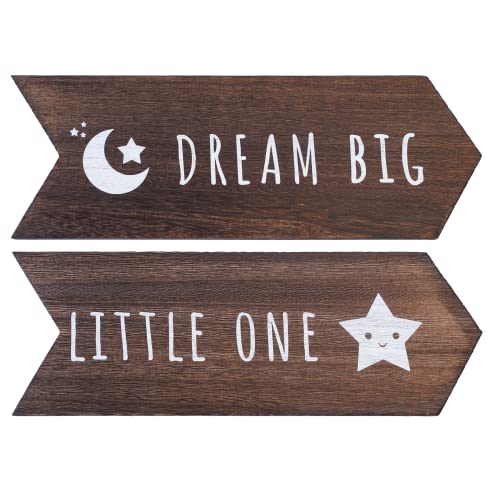 Dream Big Little One Sign - 2 Pcs Nursery Wall Decor, Moon Star Boy Girl Nursery Room Decor, Rustic Wooden Arrow Playroom Sign - Gender Neutral Woodland Decor, 14 X 5 inch, Brown