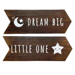 Dream Big Little One Sign - 2 Pcs Nursery Wall Decor, Moon Star Boy Girl Nursery Room Decor, Rustic Wooden Arrow Playroom Sign - Gender Neutral Woodland Decor, 14 X 5 inch, Brown