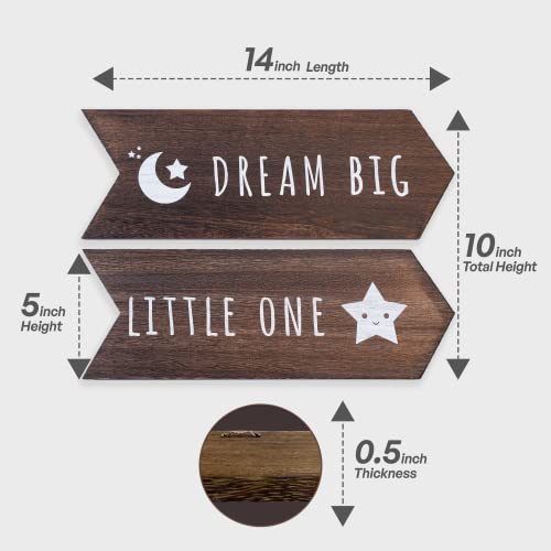 Dream Big Little One Sign - 2 Pcs Nursery Wall Decor, Moon Star Boy Girl Nursery Room Decor, Rustic Wooden Arrow Playroom Sign - Gender Neutral Woodland Decor, 14 X 5 inch, Brown