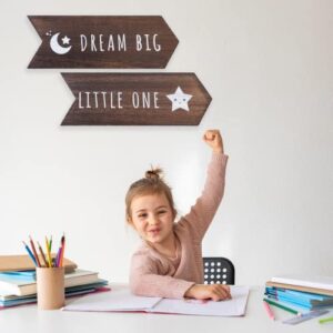 Dream Big Little One Sign - 2 Pcs Nursery Wall Decor, Moon Star Boy Girl Nursery Room Decor, Rustic Wooden Arrow Playroom Sign - Gender Neutral Woodland Decor, 14 X 5 inch, Brown