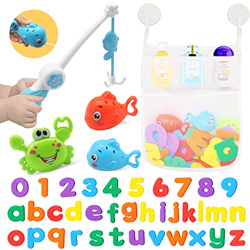 ZEAGUS Bath Toys Set for Toddlers 1-3, Bath Toy Storage Bag Hooks,Baby Bathtub Toys with 36 Letters and Numbers,Shower Toys Bath Time with 3 Fishing Toys and Water Gun Floating for Baby Pool Toys