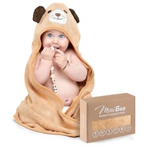 miniboo premium bamboo baby towel with unique dog design – extra soft and absorbent baby bath towel for newborns, infants, and toddlers – suitable as baby gifts