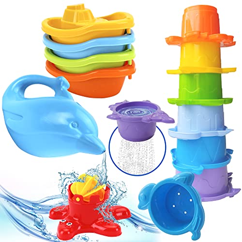 TECHNOK Baby Bath Toys for Toddlers - 12 pcs Rainbow Stacking Cups Baby Toy with Bath Boats Train and Toddler Watering Can - Stackable Plastic Bath Toys - Sea Animal Shapes Bath Toy for Girls and Boys