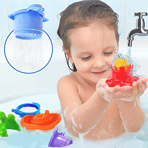 TECHNOK Baby Bath Toys for Toddlers - 12 pcs Rainbow Stacking Cups Baby Toy with Bath Boats Train and Toddler Watering Can - Stackable Plastic Bath Toys - Sea Animal Shapes Bath Toy for Girls and Boys