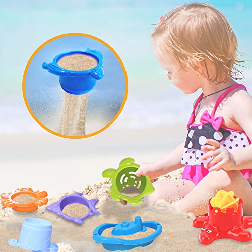 TECHNOK Baby Bath Toys for Toddlers - 12 pcs Rainbow Stacking Cups Baby Toy with Bath Boats Train and Toddler Watering Can - Stackable Plastic Bath Toys - Sea Animal Shapes Bath Toy for Girls and Boys