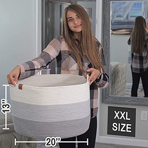 Cotton Rope Basket Woven Laundry - Extra Large Blanket Basket Living Room - XL Rope Baskets for Storage Pillow Blankets Toy - Baby Woven Basket for Kids 20" x 13 Rope Bin - Throw Blanket Basket Grey