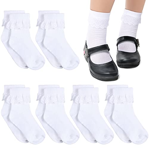 SATINIOR 6 Pairs Baby Girls Lace Ankle Socks White Eyelet Lace Socks Toddler Frilly Ruffle Socks Princess Socks Ruffled Lace Dress Socks, for 3-7 years