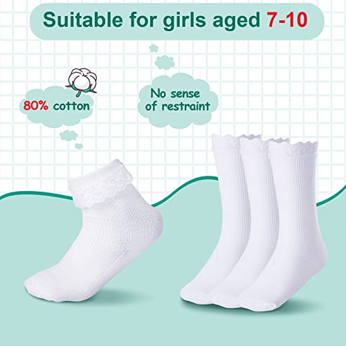 SATINIOR 6 Pairs Baby Girls Lace Ankle Socks White Eyelet Lace Socks Toddler Frilly Ruffle Socks Princess Socks Ruffled Lace Dress Socks, for 3-7 years