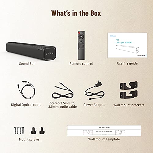 BESTISAN Soundbar for TV Soundbar Wireless Bluetooth 5.0 Sound Bar with 3 Equalizer Modes for Home Theater, Game, PC, Phones (Remote Control, DSP, Bass/Tweeter Adjustable, Wall Mounted)