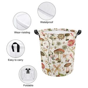 Mushroom Garden Storage Basket Bin, Round Laundry Bakset Hamper Collapsible Nursery Bin with Handle for Clothes Toys Books Home Decor