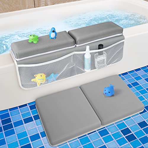 Tiikiy Baby Bath Kneeler and Elbow Rest Pad for Baby Bathing Parents, Painless Foam Mat with Toy Organizer Pockets Support Large Bathtub, Quick Drying, Non-Slip for Baby and Toddler Bathing (Grey)