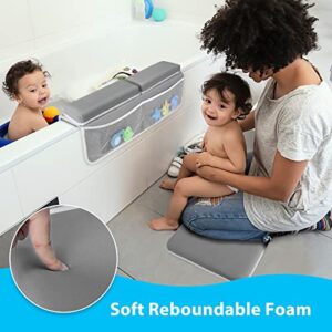 Tiikiy Baby Bath Kneeler and Elbow Rest Pad for Baby Bathing Parents, Painless Foam Mat with Toy Organizer Pockets Support Large Bathtub, Quick Drying, Non-Slip for Baby and Toddler Bathing (Grey)