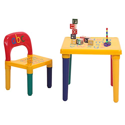 PZCXBFH Kids Table and Chair Set (1 Chairs Included) Toddler Alphabetic Learning Activity Desk, Multicolor Children Letter Table Chair Set, Yellow & Red