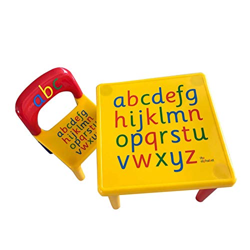 PZCXBFH Kids Table and Chair Set (1 Chairs Included) Toddler Alphabetic Learning Activity Desk, Multicolor Children Letter Table Chair Set, Yellow & Red