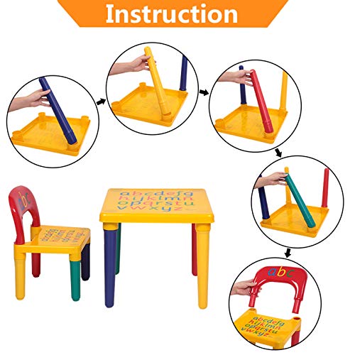 PZCXBFH Kids Table and Chair Set (1 Chairs Included) Toddler Alphabetic Learning Activity Desk, Multicolor Children Letter Table Chair Set, Yellow & Red