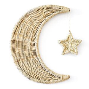 bebe bask handmade rattan moon wall décor with hanging star - moon decor - 100% natural organic rattan moon decor for the boho nursery - moon and stars nursery décor - stars and moon nursery décor