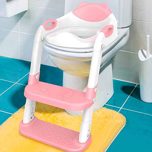 Toilet Potty Training Seat with Step Stool Ladder, 711TEK Toddler Potty Seat for Kids and Toddler Boys Girls, Splash Guard and Safety Handles (Pink)