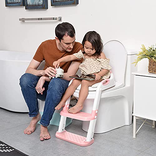 Toilet Potty Training Seat with Step Stool Ladder, 711TEK Toddler Potty Seat for Kids and Toddler Boys Girls, Splash Guard and Safety Handles (Pink)