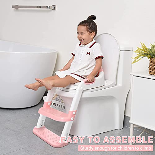 Toilet Potty Training Seat with Step Stool Ladder, 711TEK Toddler Potty Seat for Kids and Toddler Boys Girls, Splash Guard and Safety Handles (Pink)