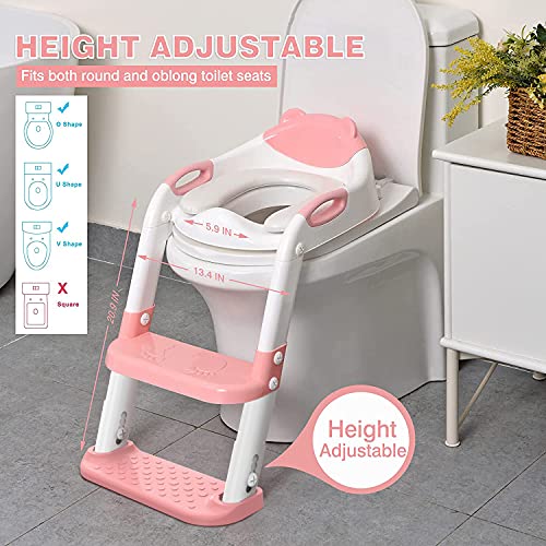 Toilet Potty Training Seat with Step Stool Ladder, 711TEK Toddler Potty Seat for Kids and Toddler Boys Girls, Splash Guard and Safety Handles (Pink)