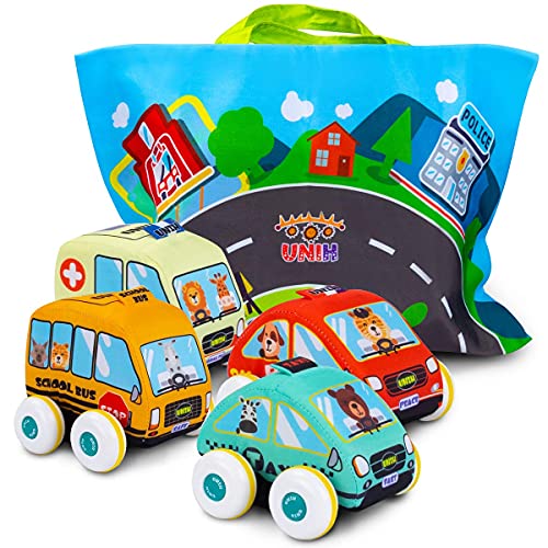 UNIH Car Toys for 1 Year Old Boy, Soft Baby Toys Set Pull Back Vehicle Car Set Birthday Gifts Toys for Baby Toddlers Age 1 2 3 Year Old