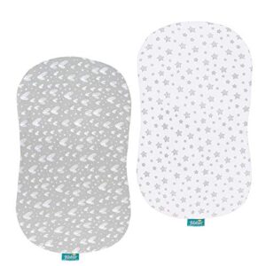 bassinet sheets compatible with halo bassinest swivel, flex, glide, premiere & luxe series sleeper, 2 pack, 100% jersey knit cotton sheets, breathable and heavenly soft, grey and white print for baby