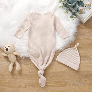 Twopumpkin Baby Girl Boy Coming Home Knotted Gown Unisex Newborn Infant Sleep Onesie Outfit Cute Baby Winter Pajamas (A Waffle Knit Cream,0-3 Months)