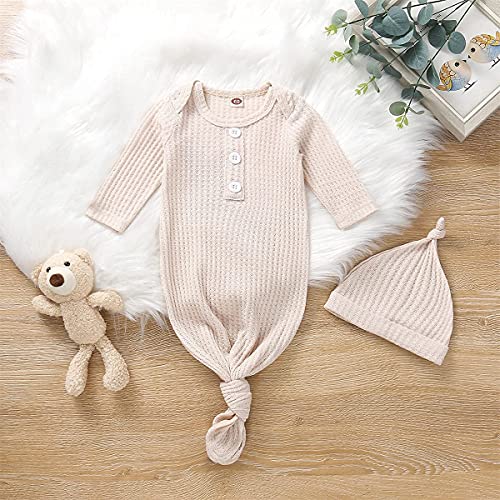 Twopumpkin Baby Girl Boy Coming Home Knotted Gown Unisex Newborn Infant Sleep Onesie Outfit Cute Baby Winter Pajamas (A Waffle Knit Cream,0-3 Months)