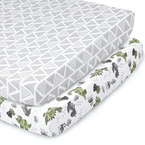 the peanutshell fitted pack n play, playard, mini crib sheets for baby boys | 2 pack set | camo dinosaur & tribal print