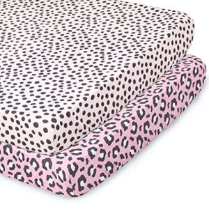 the peanutshell fitted pack n play, playard, mini crib sheets for baby girls | 2 pack set | cheetah animal print