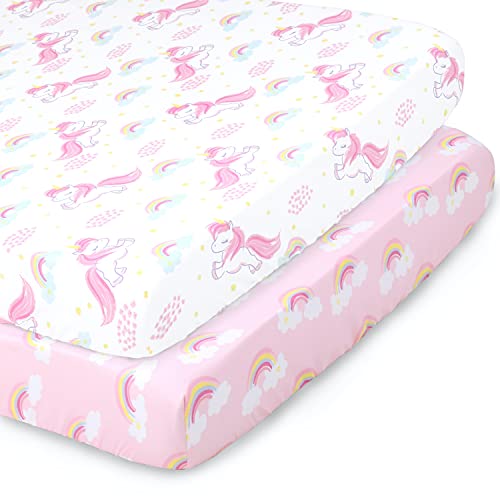 The Peanutshell Mini Crib Sheet Set for Baby Girls - 2 Pack Set for Mini Crib, Pack n Play, Playard - Pink Unicorn & Rainbow