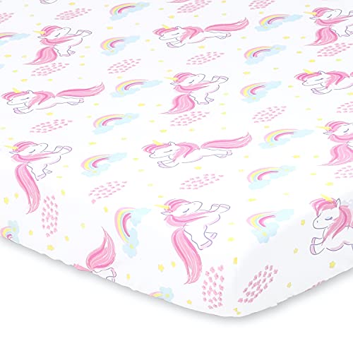 The Peanutshell Mini Crib Sheet Set for Baby Girls - 2 Pack Set for Mini Crib, Pack n Play, Playard - Pink Unicorn & Rainbow