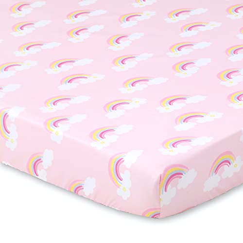 The Peanutshell Mini Crib Sheet Set for Baby Girls - 2 Pack Set for Mini Crib, Pack n Play, Playard - Pink Unicorn & Rainbow