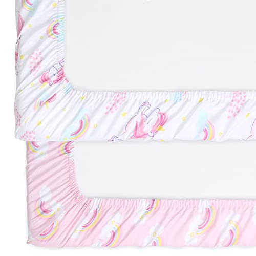 The Peanutshell Mini Crib Sheet Set for Baby Girls - 2 Pack Set for Mini Crib, Pack n Play, Playard - Pink Unicorn & Rainbow