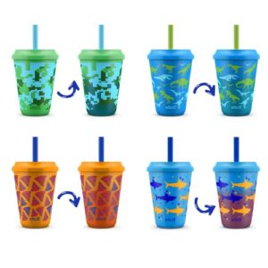 ello kids plastic reusable color changing cups with twist on splash-proof lids and straw, bpa free, dishwasher safe, 12oz, rainforest, 4 pack