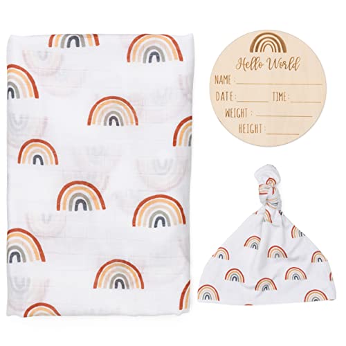 Organic Swaddle Blanket and Hat Set - Baby Receiving Blanket Neutral - Soft Organic Cotton and Bamboo Muslin Swaddle Blanket, Boho Rainbow, Birth Announcement Card, 47" x 47"