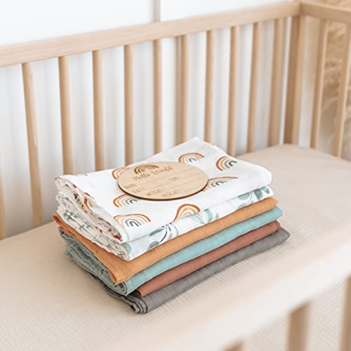 Organic Swaddle Blanket and Hat Set - Baby Receiving Blanket Neutral - Soft Organic Cotton and Bamboo Muslin Swaddle Blanket, Boho Rainbow, Birth Announcement Card, 47" x 47"