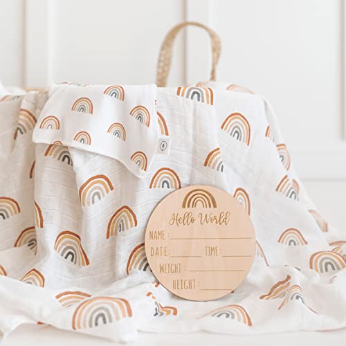 Organic Swaddle Blanket and Hat Set - Baby Receiving Blanket Neutral - Soft Organic Cotton and Bamboo Muslin Swaddle Blanket, Boho Rainbow, Birth Announcement Card, 47" x 47"