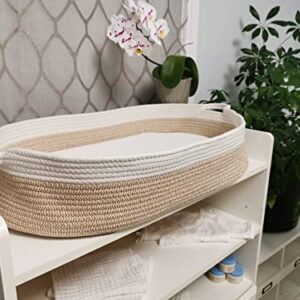 Lovely Nursery Baby Changing Basket Moses Basket 100% Cotton Rope and 1.2€ Thick Foam Pad with Removable Cover Change in Style and Comfort Beige/White Set