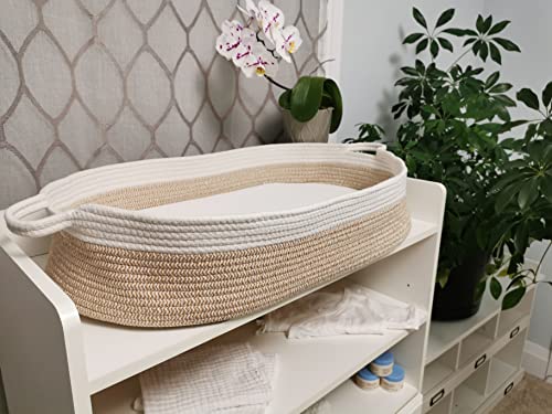 Lovely Nursery Baby Changing Basket Moses Basket 100% Cotton Rope and 1.2€ Thick Foam Pad with Removable Cover Change in Style and Comfort Beige/White Set