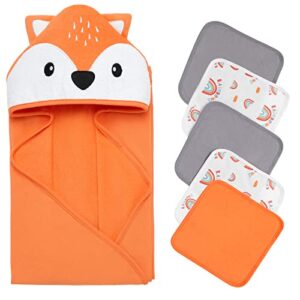 SYNPOS Baby Bath Towels, Newborn Hooded Baby Towel with 5 Baby Washcloths - Ultra Absorbent and Soft Cotton Hooded Bath Towel for Babie, Toddler, Infant - Unisex Hooded Baby Bath Towel