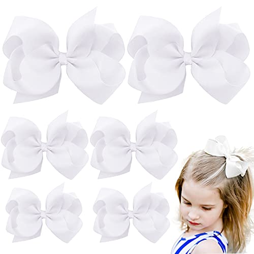 AILEAM Hair Bows for Girls 6PCS Girls Toddler bows Clips White Grosgrain Ribbon Alligator Clips Kids Hair Accessories (6inch ×2, 4inch ×2, 3inch ×2)