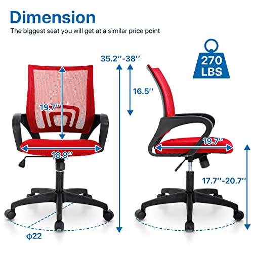 Home Office Chair Mesh Ergonomic Desk Chair Mid Back Computer Chair with Lumbar Support Armrest Adjustable Height Executive Rolling Swivel Task Chair for Women Men, Red