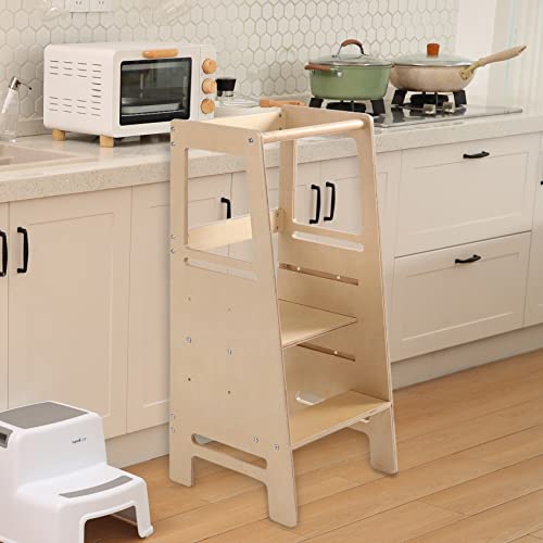 Height Adjustable Kitchen Step Stool for Kids and Toddlers with Safety Rail Children Learning Standing Tower for Kitchen Counter and Bathroom Sink Helper, Solid Wood