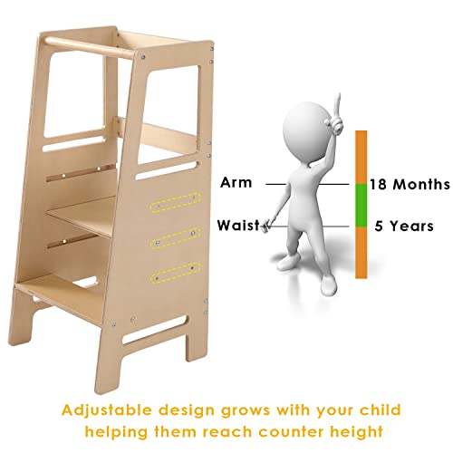 Height Adjustable Kitchen Step Stool for Kids and Toddlers with Safety Rail Children Learning Standing Tower for Kitchen Counter and Bathroom Sink Helper, Solid Wood