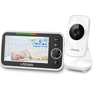 vtimes baby monitor video baby monitor with camera and audio no wifi 5" lcd screen, two-way audio, night vision,1000ft range, 2x zoom temperature display, lullaby elderly pet