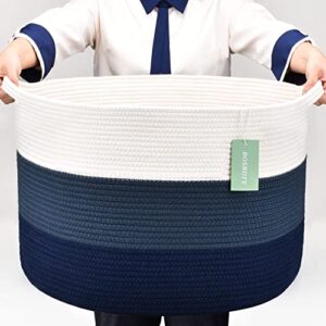 bosroty extra large blanket basket, laundry basket, cotton rope basket, 21.7”x 13.8”, laundry hamper, xxxl storage basket, woven basket, toy basket, clothes baskets, white&cadet blue&navy blue