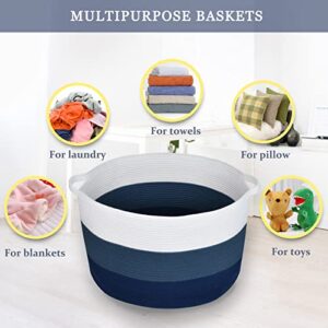 BOSROTY Extra Large Blanket Basket, Laundry Basket, Cotton Rope Basket, 21.7”x 13.8”, Laundry Hamper, XXXL Storage Basket, Woven Basket, Toy Basket, Clothes Baskets, White&Cadet Blue&Navy Blue